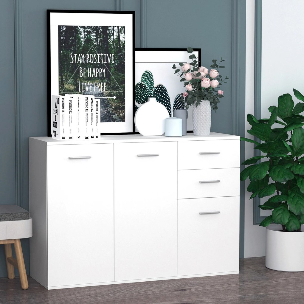 HOMCOM Kuchyňská Komoda se 2 Dveřmi a 2 Zásuvkami v Moderním Stylu pro Jídelnu 106x35x76cm Leskle Bílá