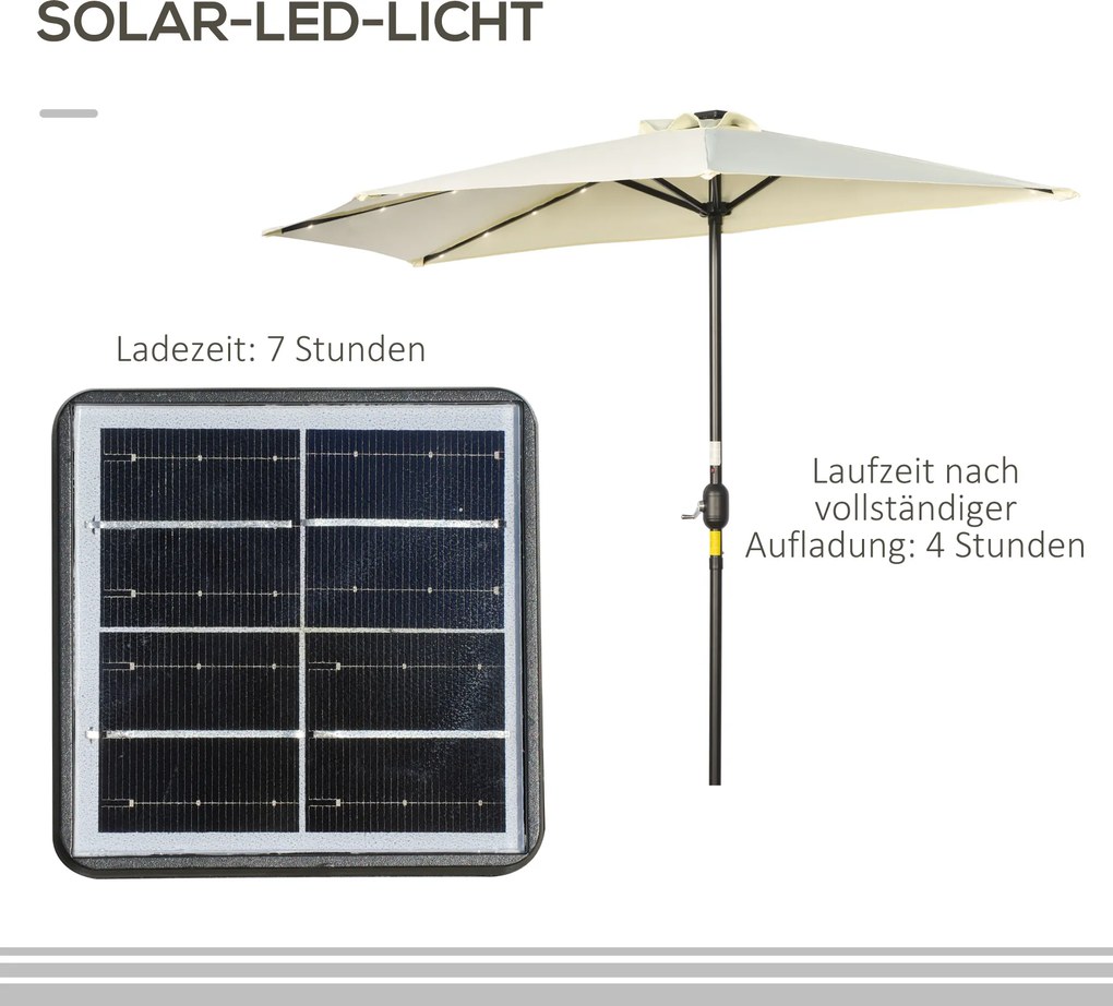 Slunečník Outsunny 265x240 cm, půlkruhový slunečník s LED diodami, půlkruhový slunečník na terasu s ruční klikou a solárním panelem, kov, béžová | Ao…