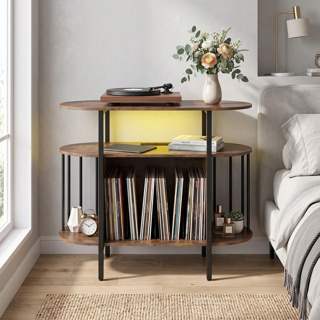 Costway Stojan na gramofon s nastavitelným LED osvětlením a nabíjecí stanicí