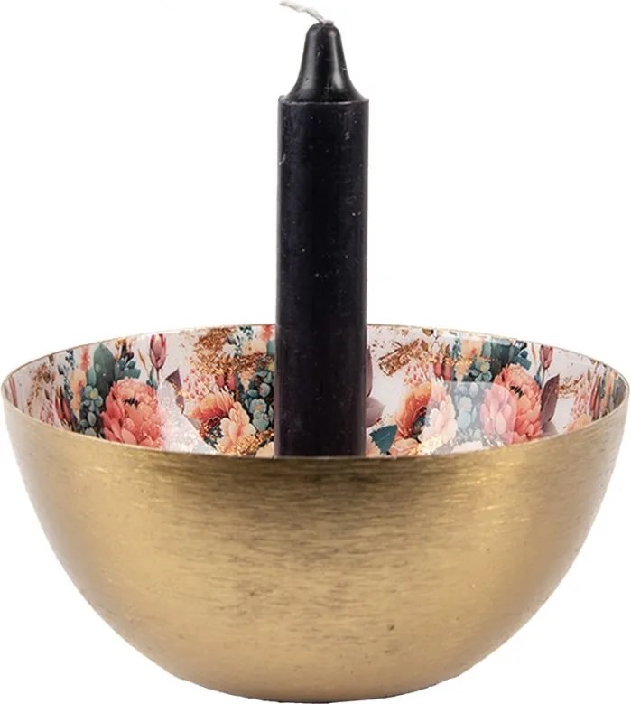 Zlatý kovový svícen s růžovými květy Flowers Gold - Ø 14*6 cm
