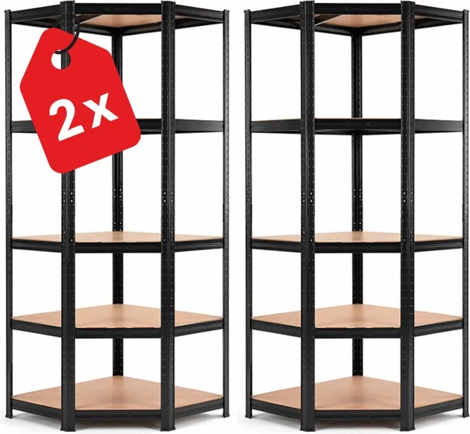 Akce 2x Regál 180x90x40 cm rohový lakovaný 5-policový, nosnost 875 kg - černý
