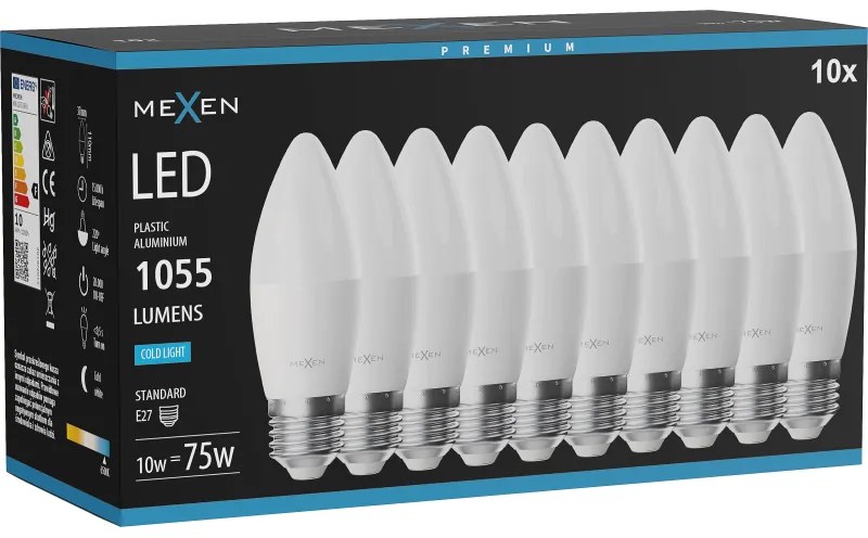Mexen Nova 10x LED žárovka E27, C37, 10W, Studená - 6500K, 1055 lm - L102-E27-1065-01x10