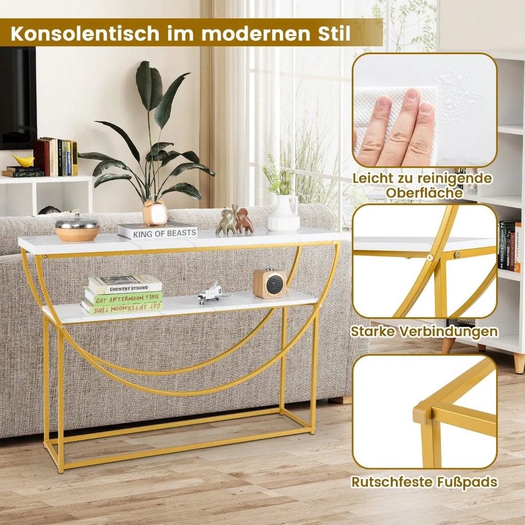 Costway Úzký konzolový stůl s mramorovou deskou 2 úrovně Sofa Table, bílý
