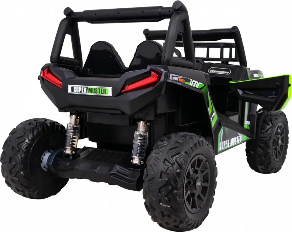 Ramiz Elektrická terénní bugina UTV pro děti zelená + dálkové ovládání + zavazadlový prostor + pomalý start + EVA kola + MP3 LED