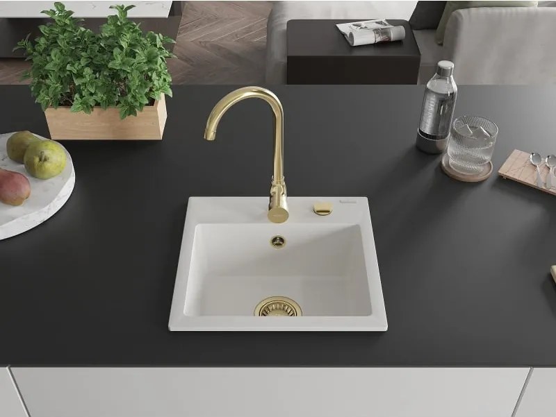 Mexen Milo granitový dřez 1-komorový 435 x 410 mm, bílý, sifon zlatý - 6505441000-20-G