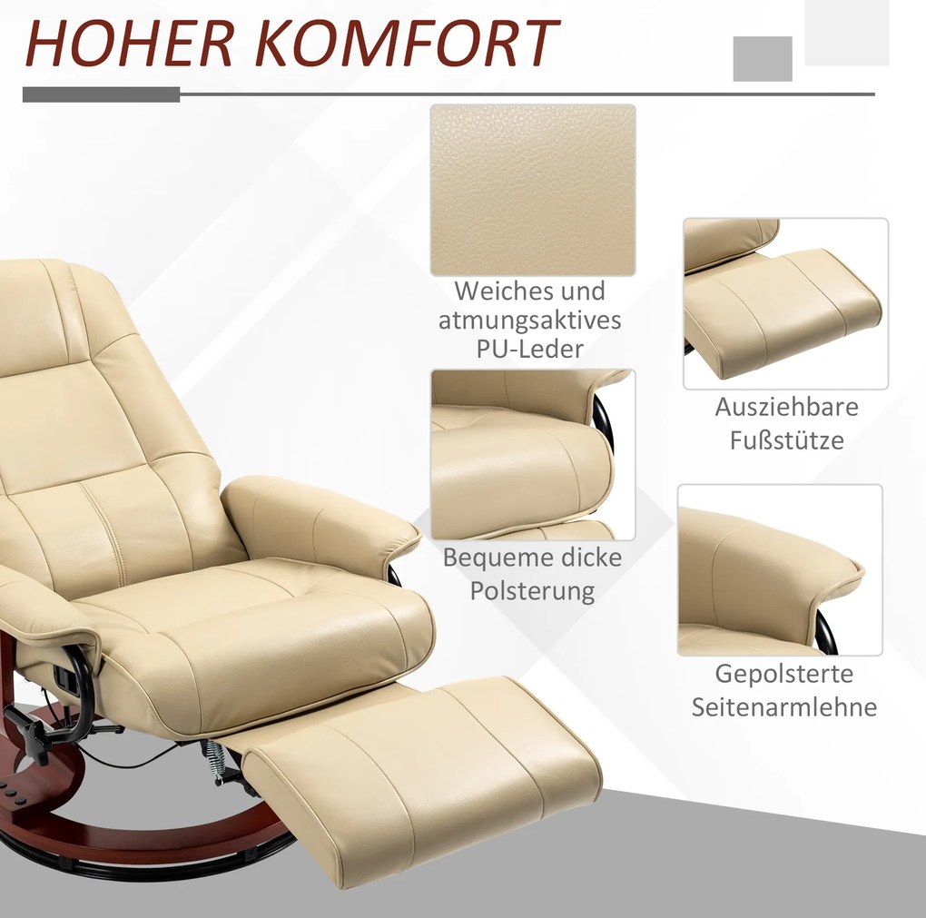 HOMCOM polohovací křeslo TV křeslo s funkcí polohování, podnožka, otočné TV křeslo 360°, dřevěné nohy, do obývacího pokoje, imitace kůže, krémově bíl…