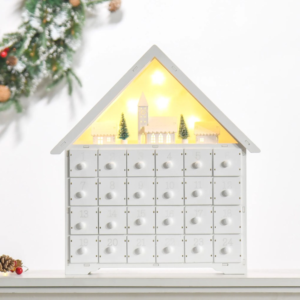 HOMCOM Adventní kalendář Vánoční dekorace, 24 zásuvek, LED světla, 39 cm x 9 cm x 42 cm, bílá + zelená 830-416