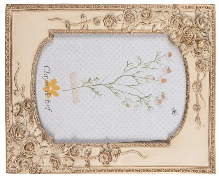 Béžovo zlatý fotorámeček Caroline s plastickou aplikací ve tvaru růže – 13x18 cm