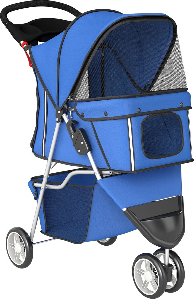 PawHut skládací kočárek pro malé psy — síťovaná okénka, úložný koš a držák na nápoj, nosnost 10 kg, modrý