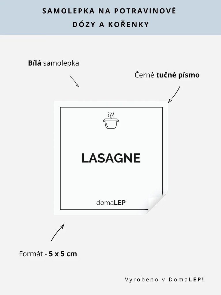 LASAGNE – bílá samolepka na dózu, tučné písmo, 5 x 5 cm | DomaLEP