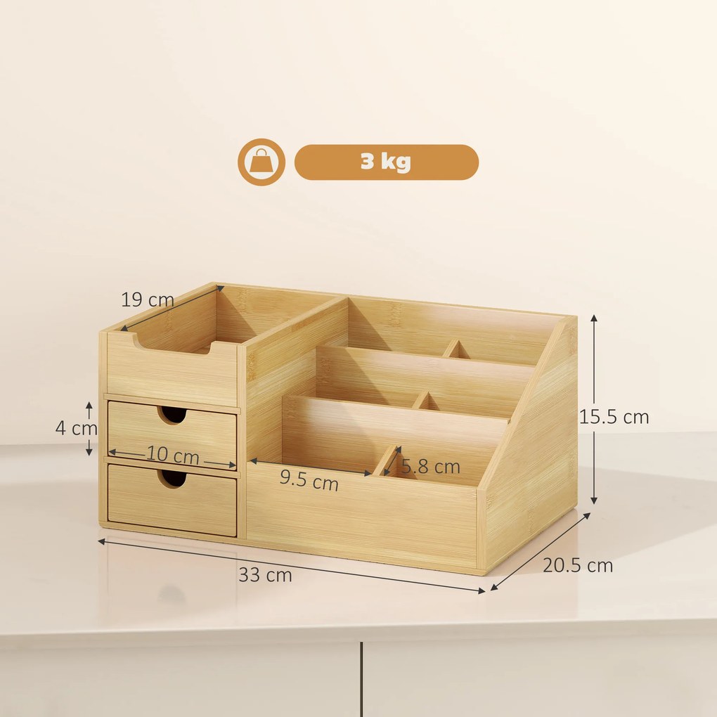 HOMCOM Stolní organizér Kancelářský box se 2 zásuvkami pro pořádek a organizaci, přírodní, D33 x Š20,5 x V15,5 cm
