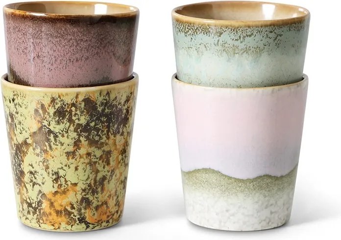 Sada 4ks kameninových hrnků na kávu 70s Serendipity – 7,5*7,5*8 cm/ 230ml