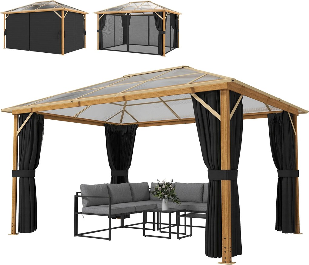 Outsunny pergola 4 × 3 m s pevnou polykarbonátovou střechou 6 mm, dřevodekor, síť proti hmyzu a 4 bočními závěsy — zimovzdorná pergola (přírodní dřevo