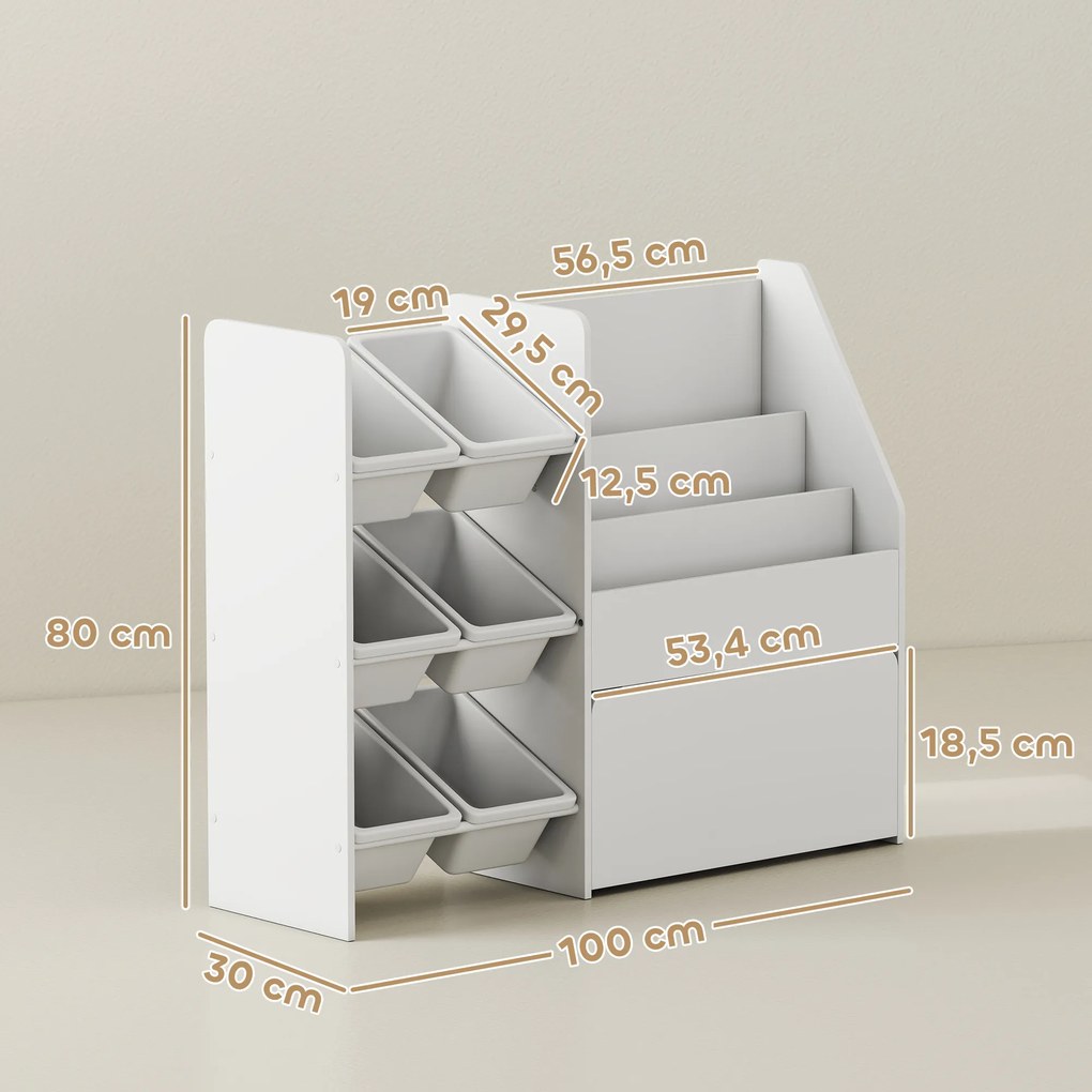 Police na hračky, police do dětského pokoje se 6 kontejnery, police na knihy, rolovací box, 100 x 30 x 80 cm, MDF, ocel, bílá barva