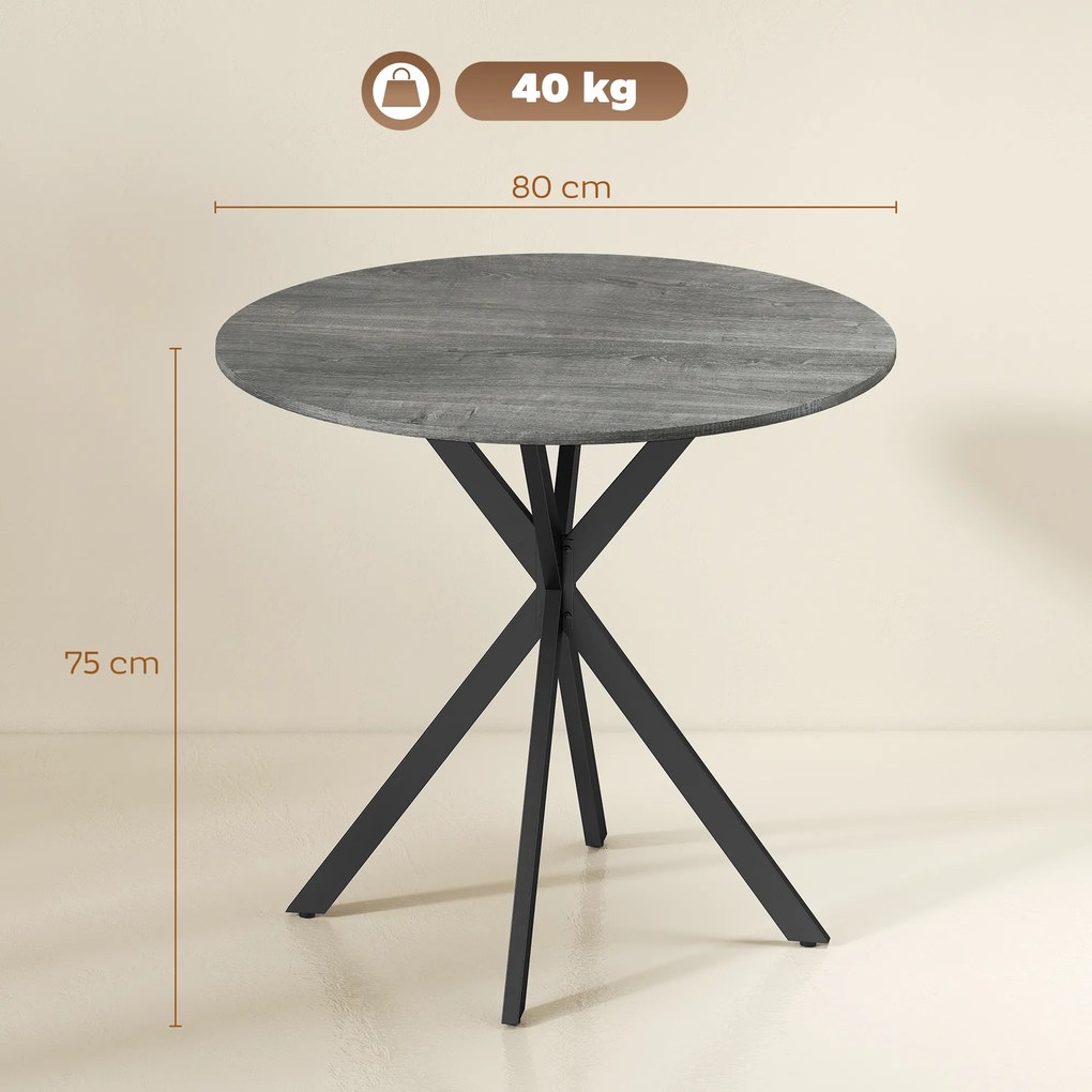 HOMCOM kulatý jídelní stůl, průměr 80 cm, průmyslové ocelové X-nohy, do kuchyně/jídelny/domácí kanceláře, šedý