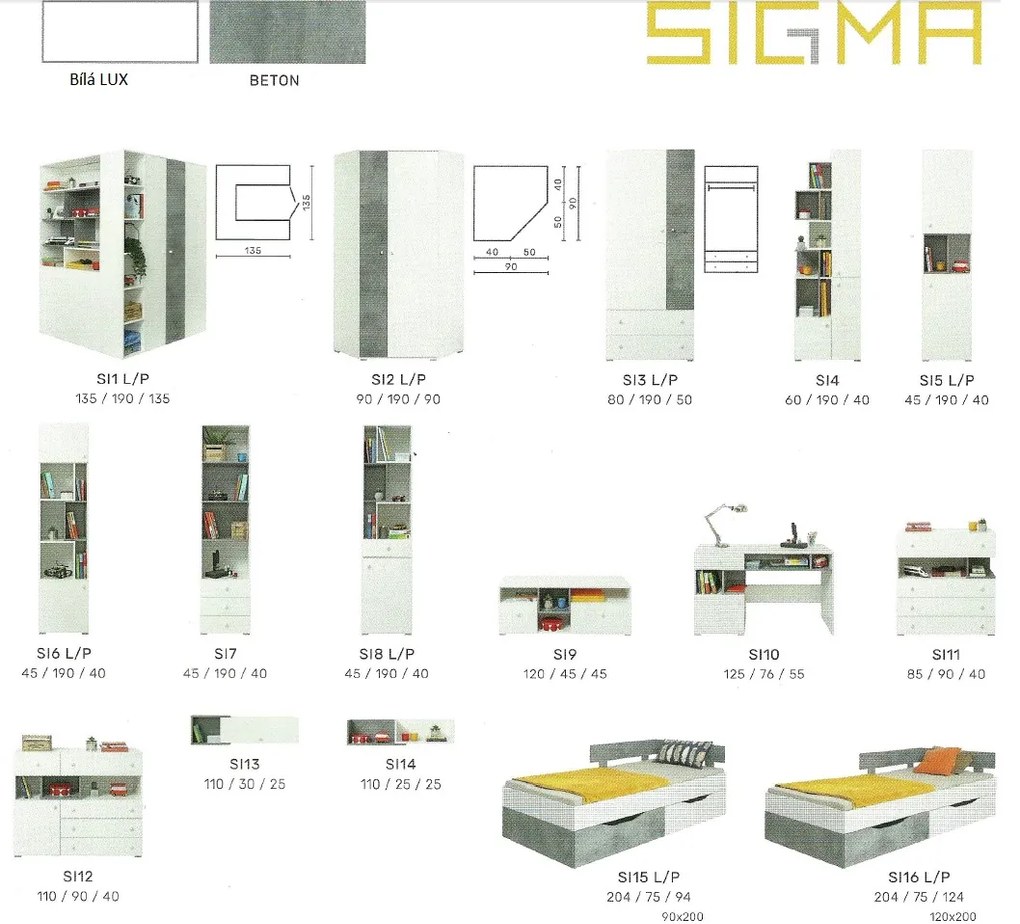 Meblar Dětský pokoj Sigma B Barva: Bílý Lux/Beton, Matrace: Bez matrace