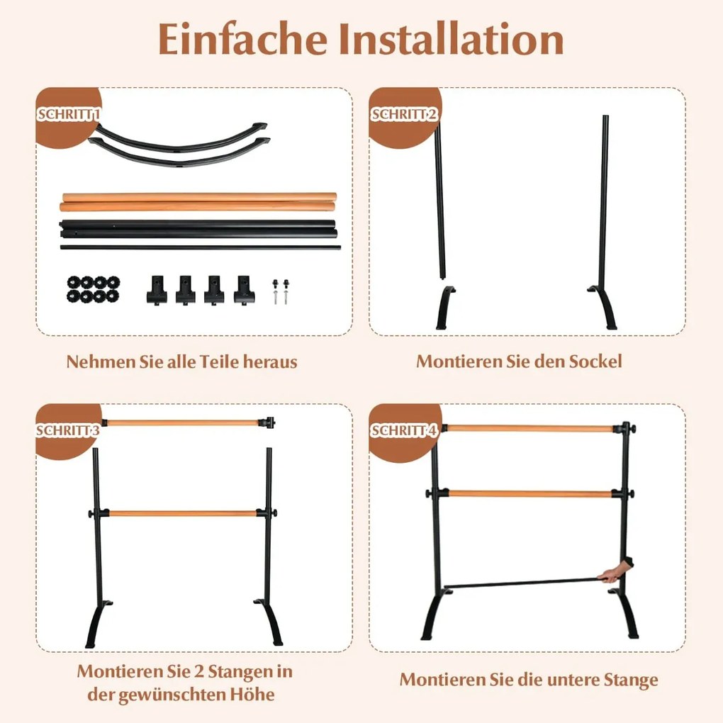 Costway 120 cm dlouhé přenosné baletní vybavení volně stojící dvojitá baletní