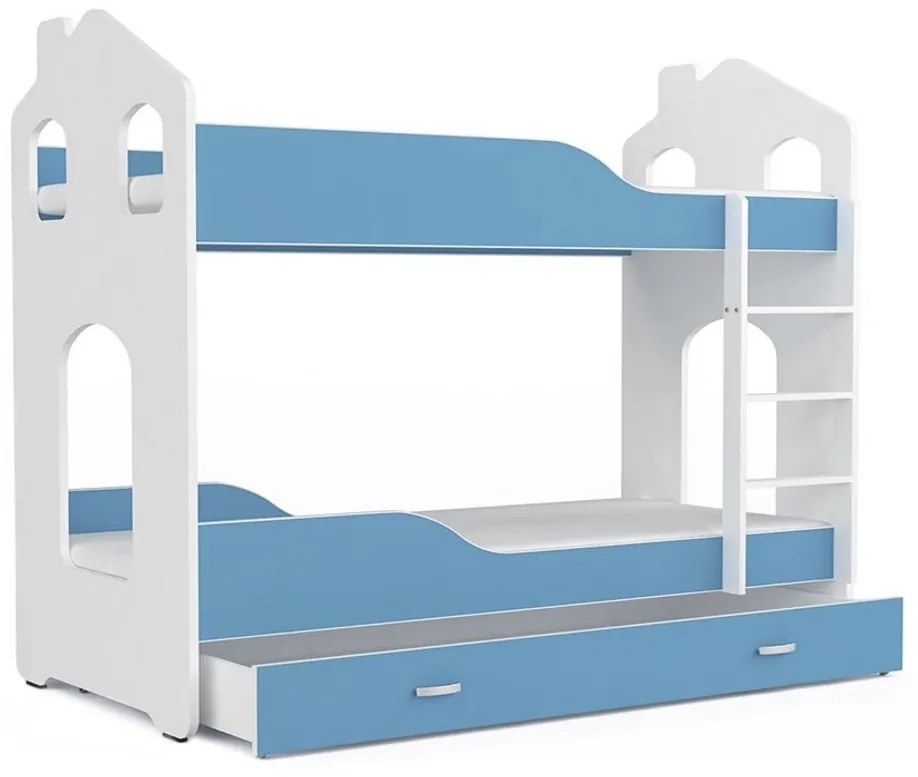 Expedo Dětská patrová postel PATRIK 2 Domek + matrace + rošt ZDARMA, 190x80, bílá/modrá