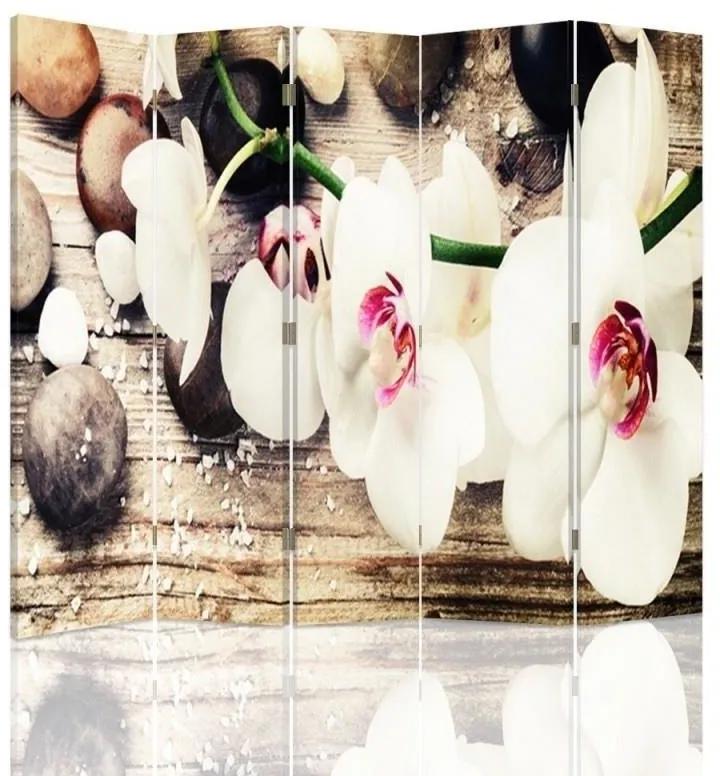 Ozdobný paraván Bílé sedmikrásky květy - 180x170 cm, pětidílný, obustranný paraván 360°
