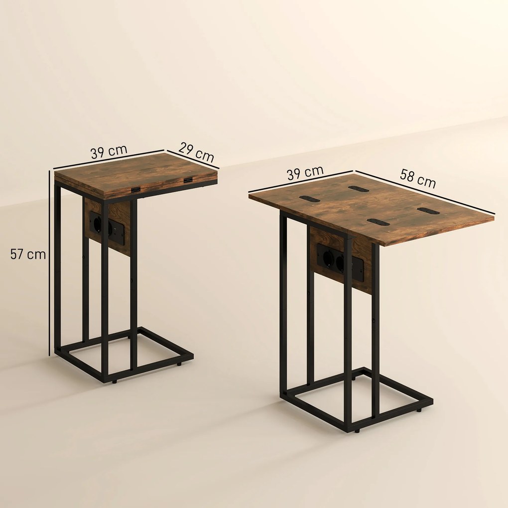 HOMCOM Skládací příruční stolek, nabíjecí stanice s USB porty, kov, 39 x 29 x 57 cm, hnědá