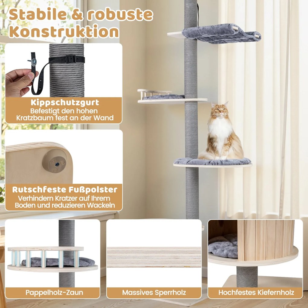 Costway 236-271 cm Stropní vysoké škrabadlo s houpací sítí a platformou