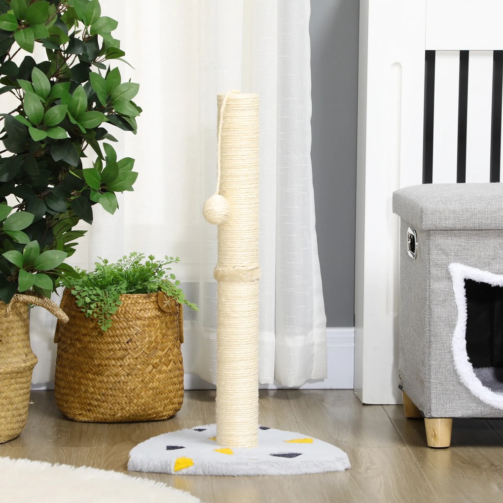 Škrabací podložka PawHut pro kočky s plyšovým designem a hracím míčkem, robustní jutový provaz, kompaktní rozměry 35 x 35 x 62 cm, světle šedá a béžo…