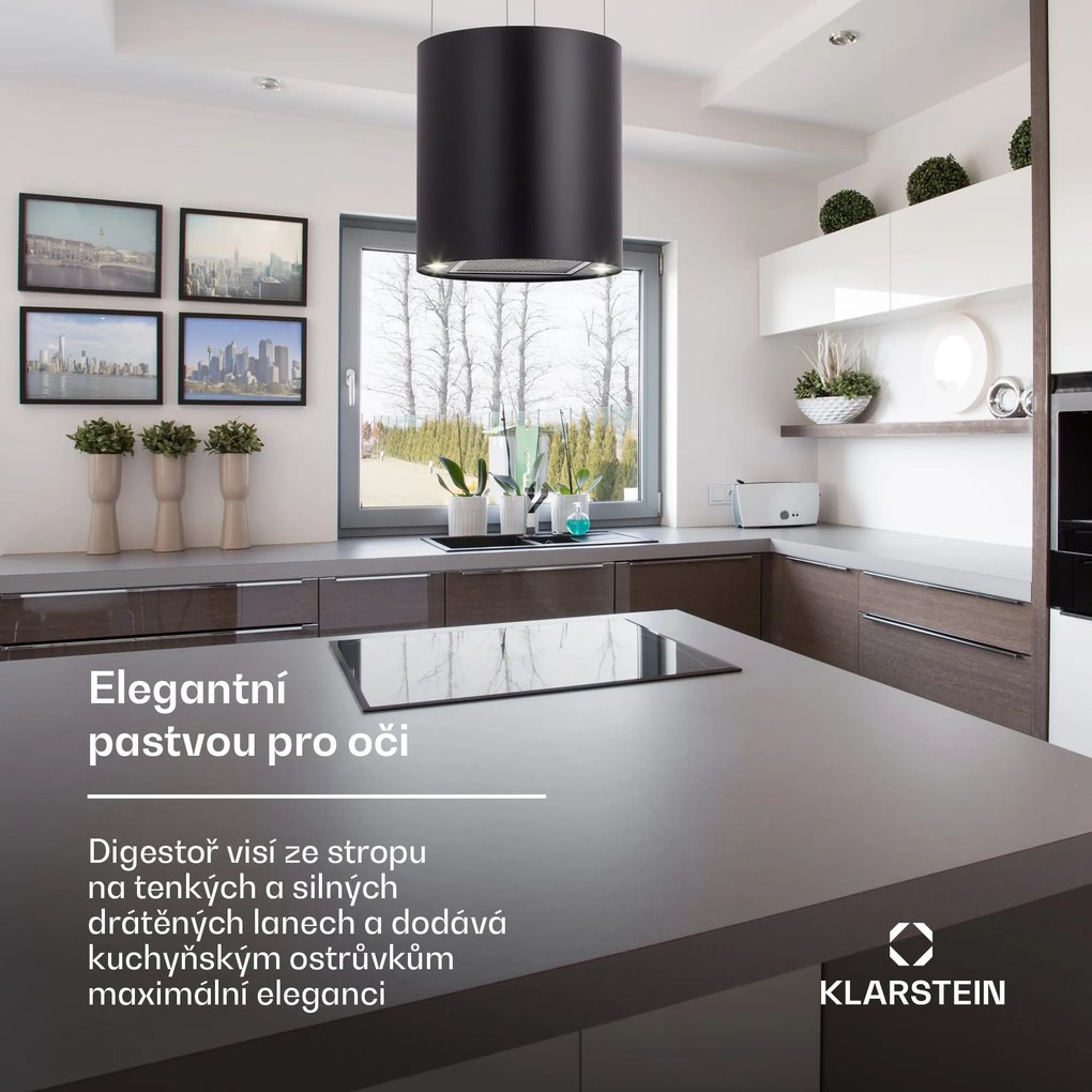 Klarstein Barett, digestoř, 35 cm, ostrůvková, 522 m³/h, LED, filtr s aktivním uhlím, černá
