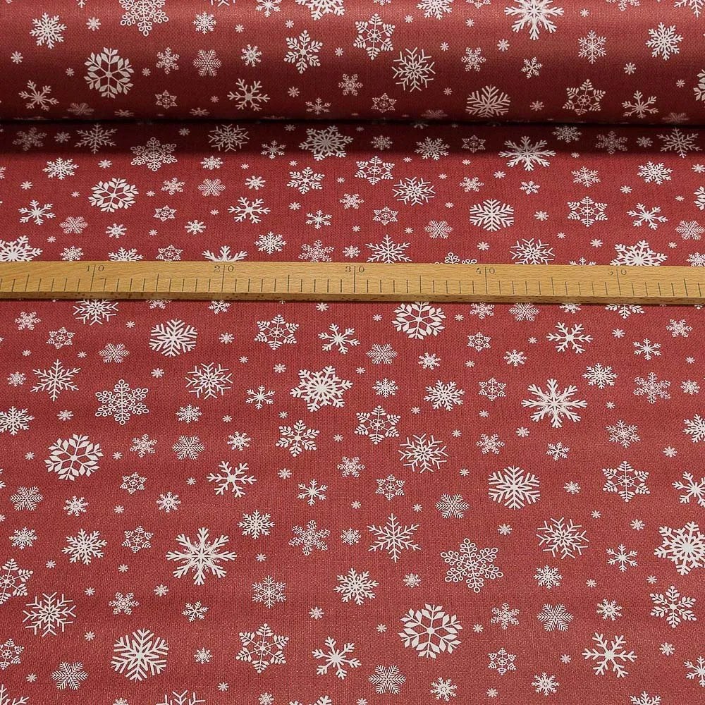 RexDeco Ubrus PVC s textilním podkladem 1096-3 vánoční, bílé vločky na červené, š.140cm (metráž)