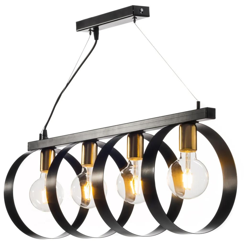 Light for home - Závěsné svítidlo na kovové liště pro čtyři žárovky s kruhovými stínítky - Kolekce "Industriální Elegance" 14604, 4x60W, E27, Černá