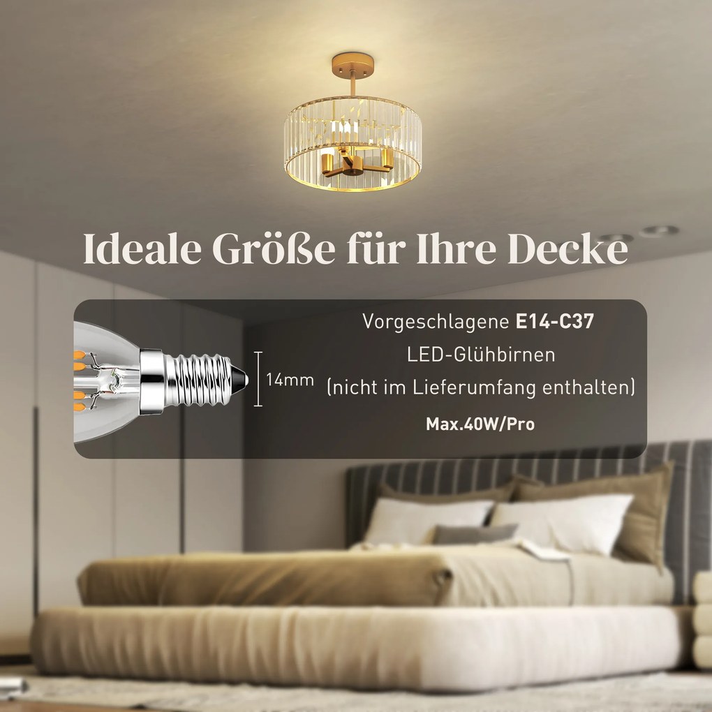 Stropní svítidlo, lustrový design, křišťálové stínidlo, 3 žárovky, kov, zlatá barva