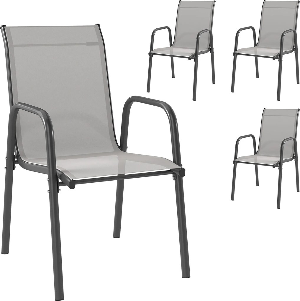 Outsunny 4ks zahradních židlí — stohovatelné, prodyšné opěradlo, opěrky paží, odolné vůči počasí, nosnost 120 kg — 51 × 69 × 87 cm — světle šedá | Aos