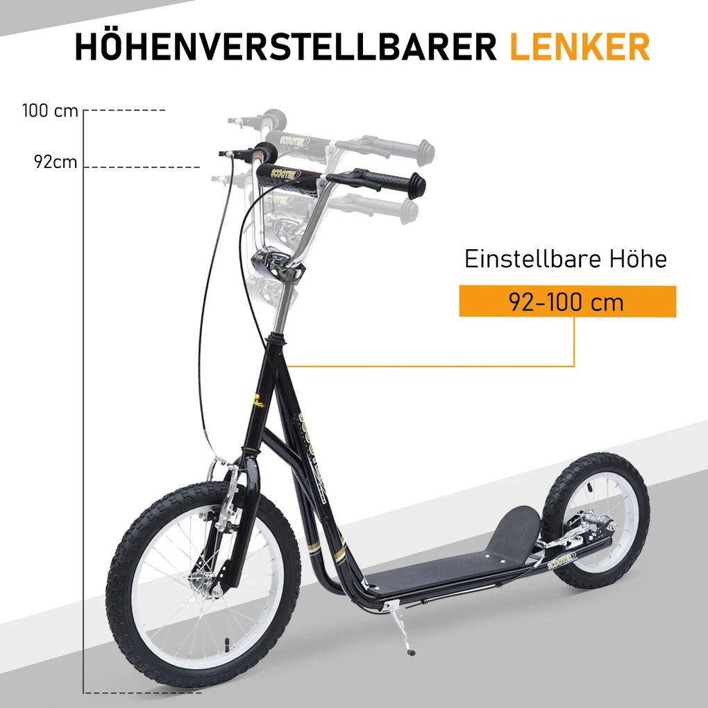 HOMCOM dětská koloběžka 16" koloběžka šlapací s brzdami pro děti od 5 let, odrazová deska černá 135x58x92-100 cm | Aosom.de