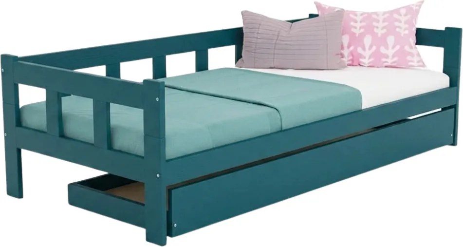 Benlemi Dřevěná jednolůžková postel FENCE 4v1 se zábranou a úložným šuplíkem Zvolte barvu: Nelakovaná, Zvolte rozměr: 90x200 cm, Zvolte zábranu: S jednou zábranou vpravo