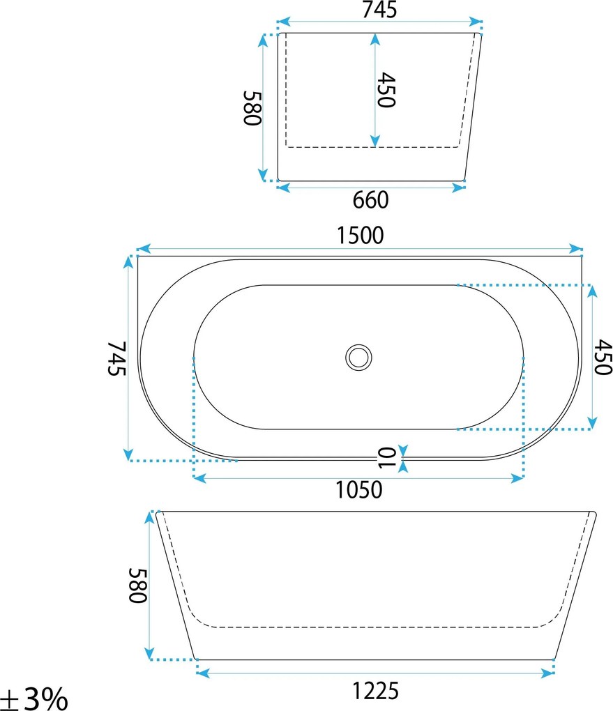 Volně stojící akrylátová vana REA CAPRI SLIM 150x74,5 cm bílý, sifon Click-Clack - černý