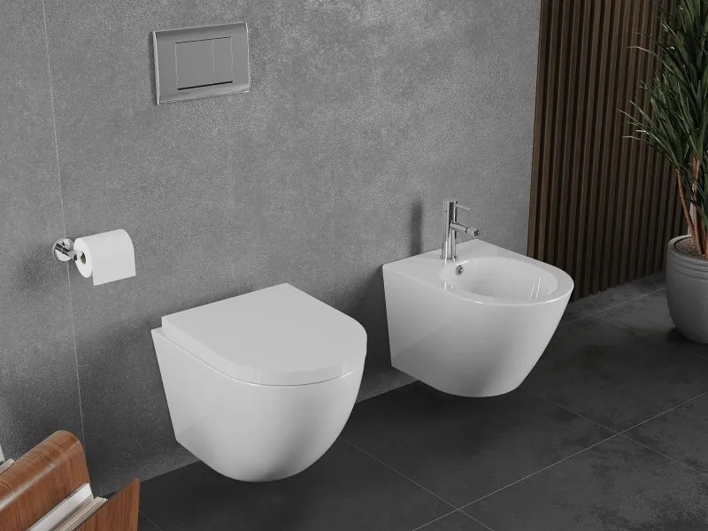 Mexen Lena, závěsná WC mísa 490x360x340 mm, Rimless Tornádo + toaletní WC sedátko z duroplastu, bílá lesklá, 30220200T