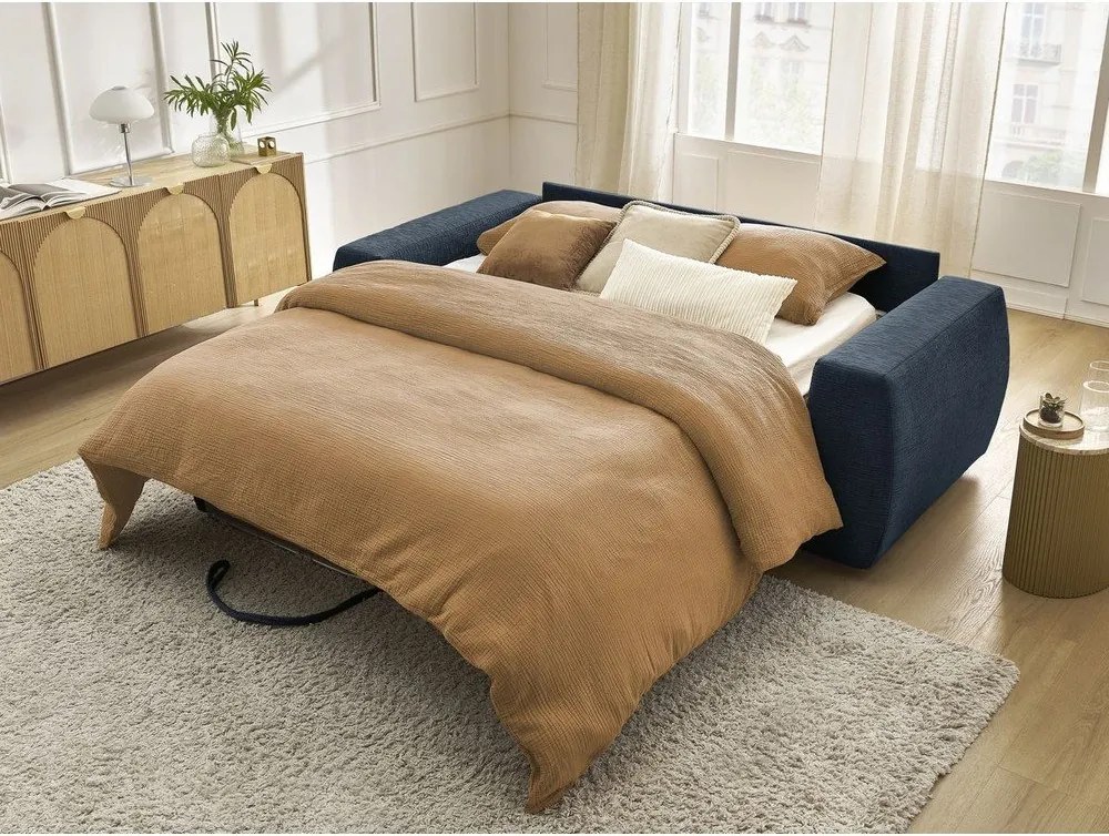 Tmavě modrá žinylková pohovka na každodenní spaní/rozkládací 220 cm Hugo – Bobochic Paris