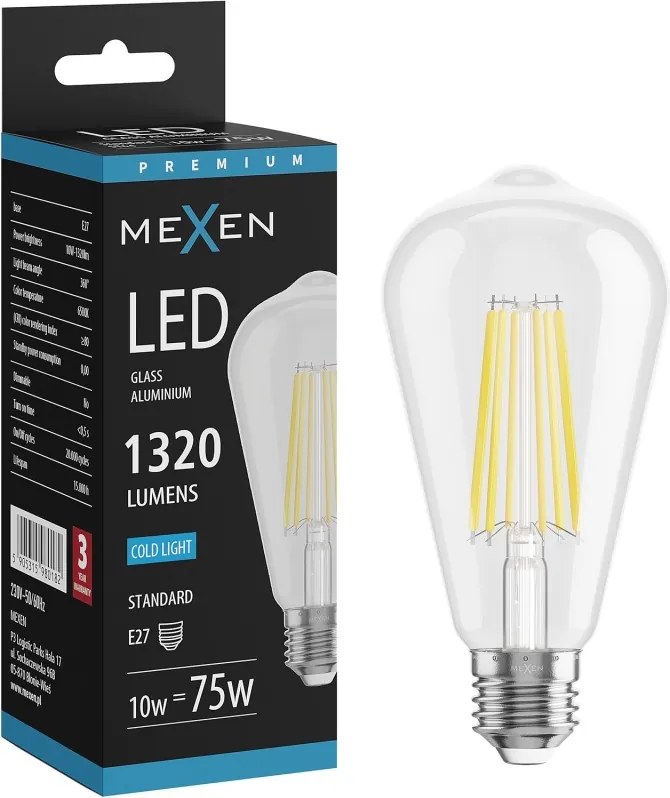 Mexen Vintis, LED filamentová žárovka E27, ST64, 10 W, studená bílá 6500K, čirá, L152-E27-1065-00