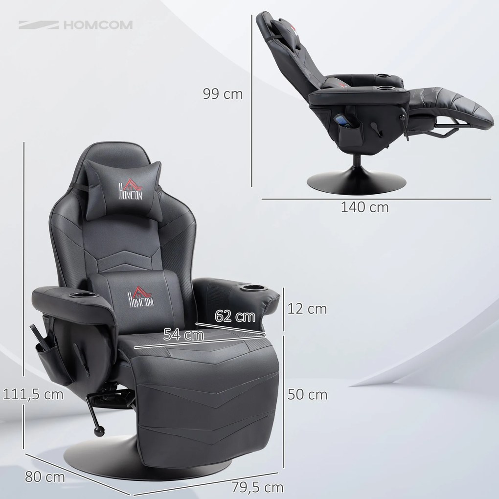 HOMCOM Herní židle s masáží, otočná o 360°, 6 masážních bodů, podnožka, odnímatelná opěrka hlavy, imitace kůže, 79.5 x 82.5 x 111.5cm, černá