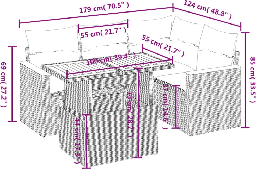 5dílná zahradní sedací souprava s poduškami béžová polyratan 3273060