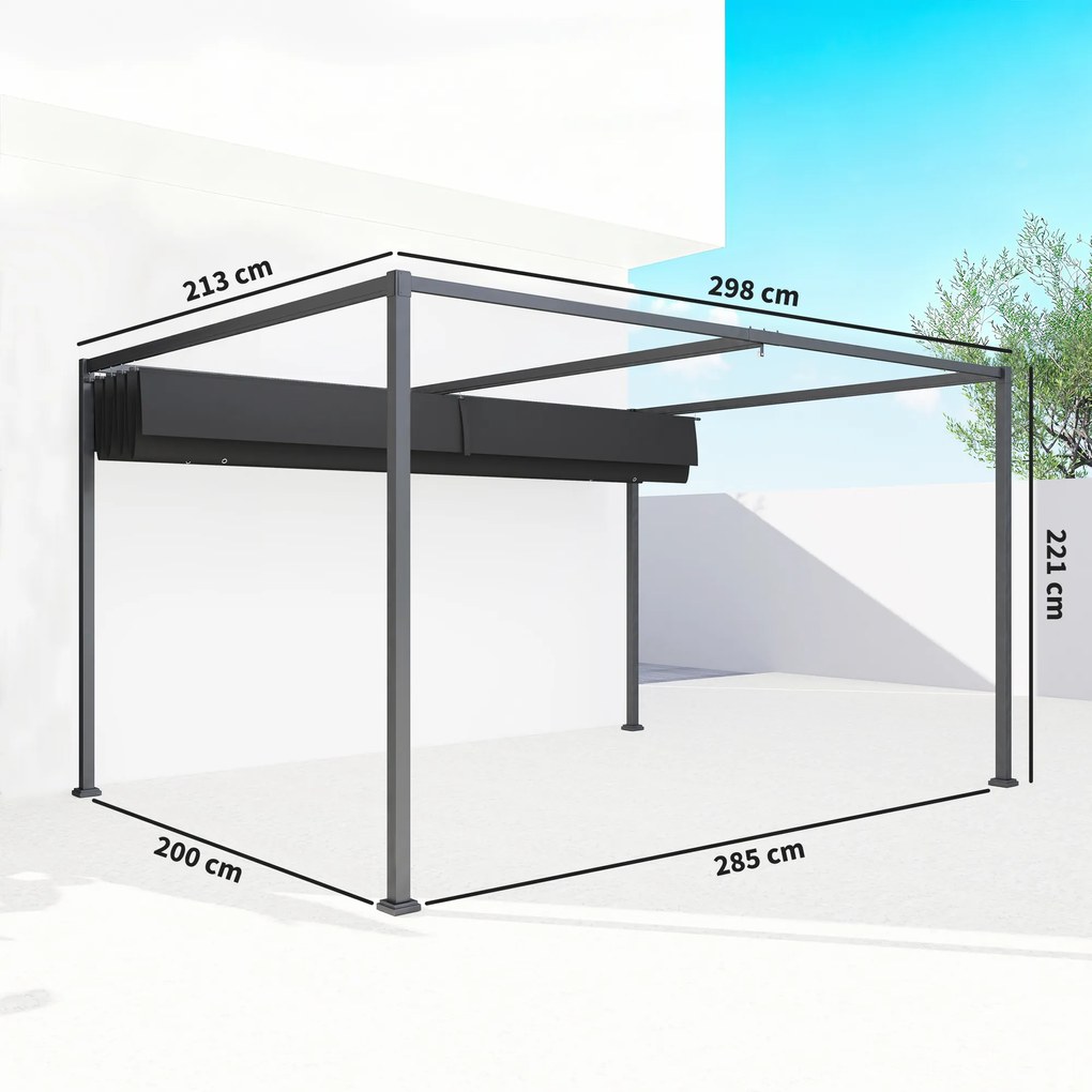 Outsunny pergola altán zastřešení terasy s posuvnou střechou 298x213x221cm polyester černá šedá pro zahradu a terasu |