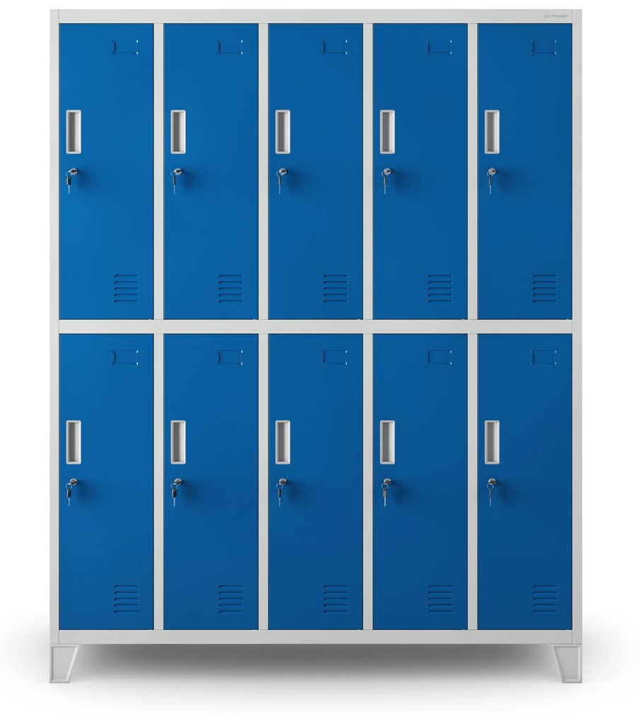 Plechová šatní skříňka na nožkách s 10 boxy BARTEK, 1360 x 1720 x 450 mm, šedo-modrá