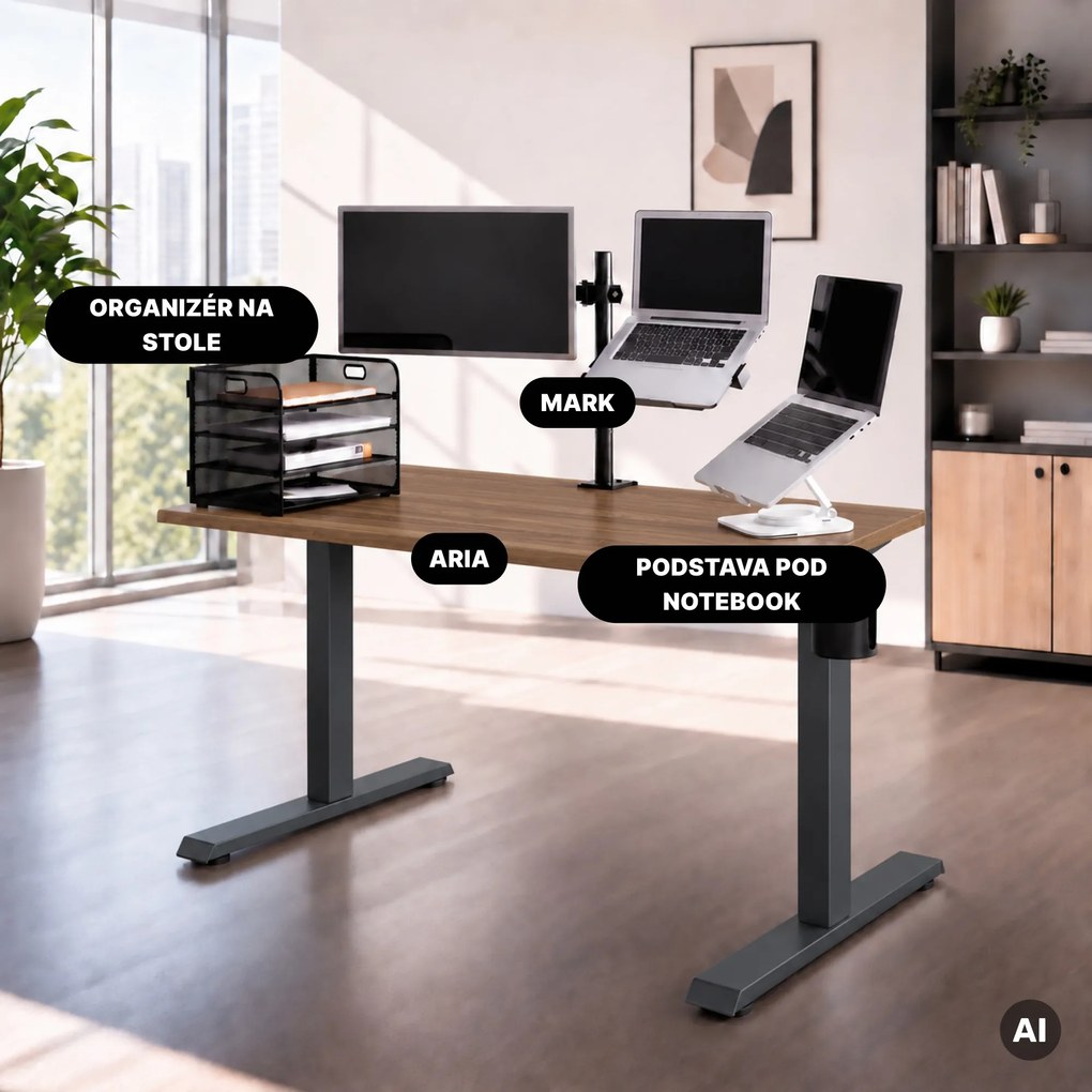 Elektrický stůl s regulací výšky ergonomický antracitový/ořech,1200x600 mm: ARIA