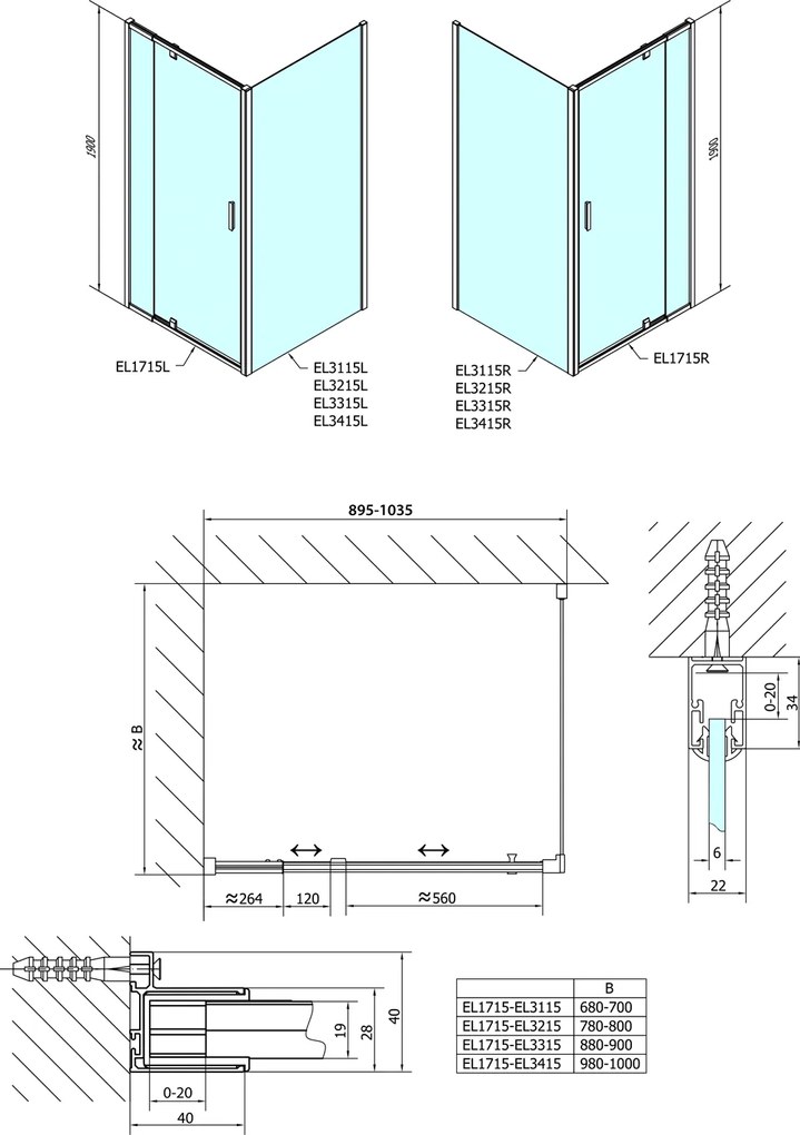 Polysan Polysan, Easy Line obdélníková/čtvercová sprchová zástěna pivot dveře 900-1000x900mm L/P, EL1715EL3315
