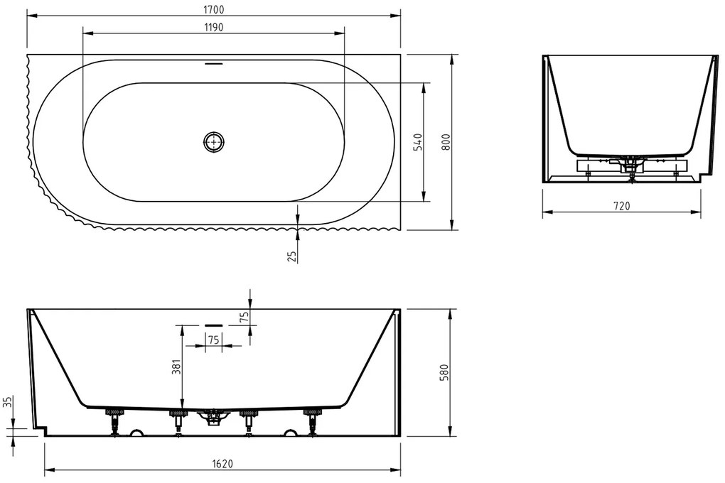 Mexen Gia, volně stojící rohová vana, drážkovaná, pravá, 170 x 80 cm, černá matná, 52701708071P-SS