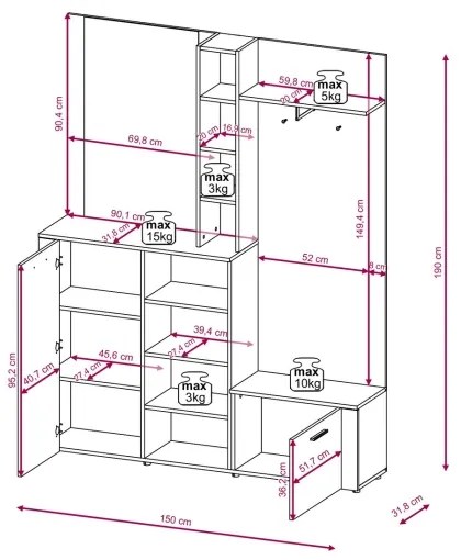 Předsíňová stěna se zrcadlem KEVIN hnědá/bílá