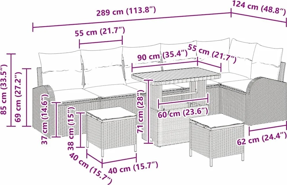 vidaXL Sada zahradních pohovek s polštářem 9 pcs Béžová a krémová [3364366]