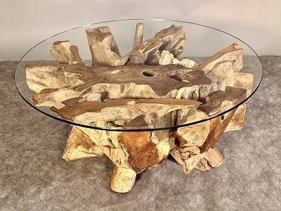 Konferenční stolek Rootblock z teakového kořene se sklem 85 cm – přírodní, Jáva