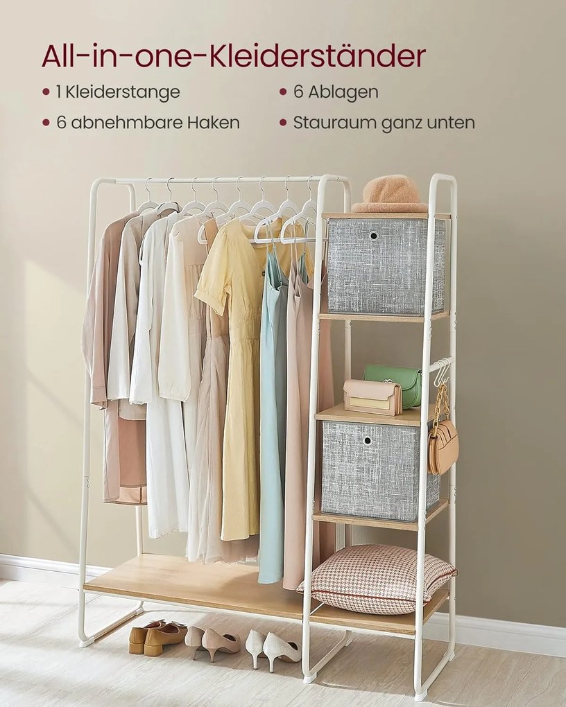 Stojan na oblečení s držákem na boty, 5patrový úložný stojan, bílý