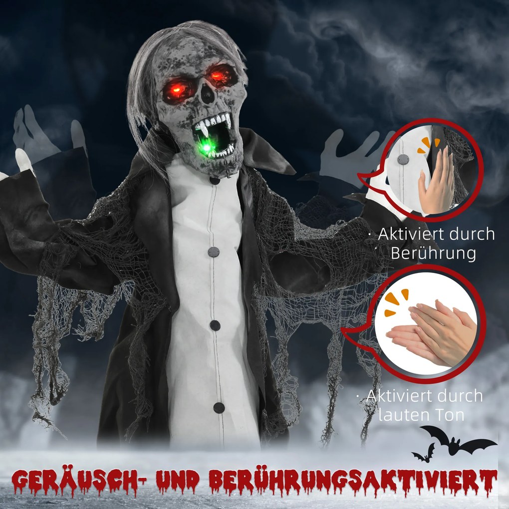 HOMCOM Halloweenská dekorace 75cm kostra s červenýma svítícíma očima a zvukem vytí, ovládaná pohybem, pro zahradu a interiér | Aosom.de