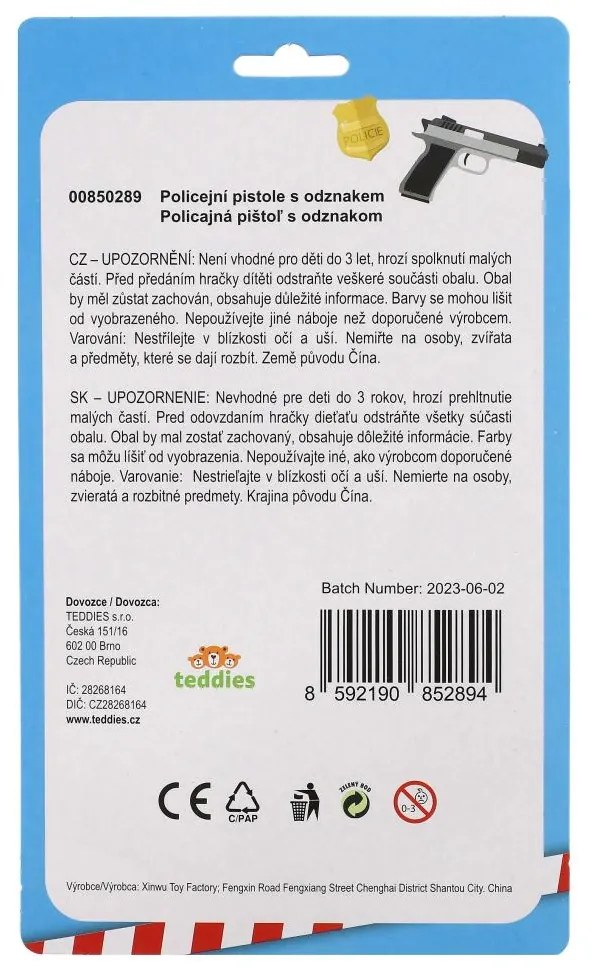 Teddies Pistole policejní 15cm plast s odznakem + přísavky 2ks na kartě